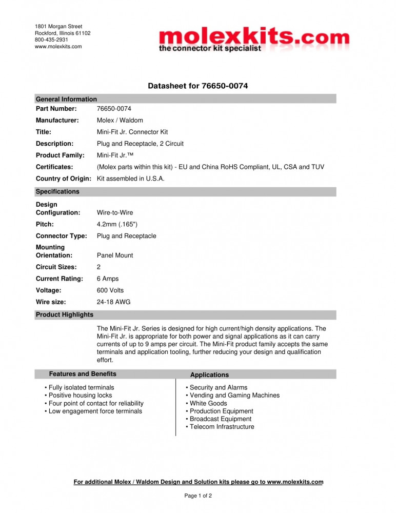 Product documentation page 1 for Mini-Fit Jr. connector kit 76650-0074