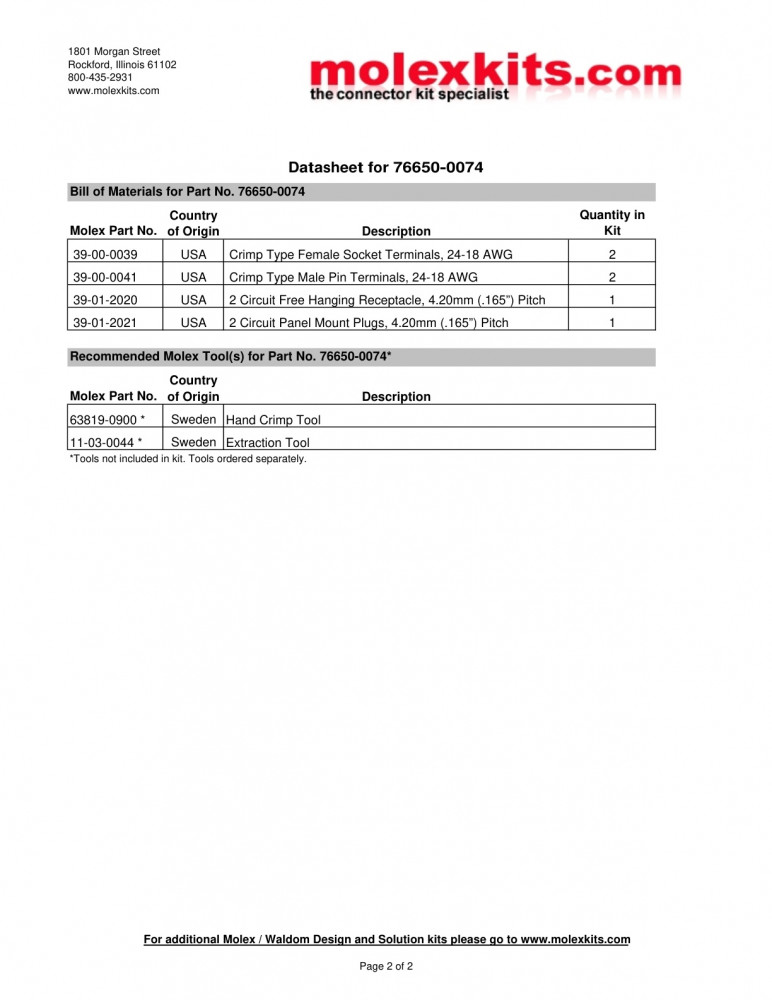 Product documentation page 2 for Mini-Fit Jr. connector kit 76650-0074