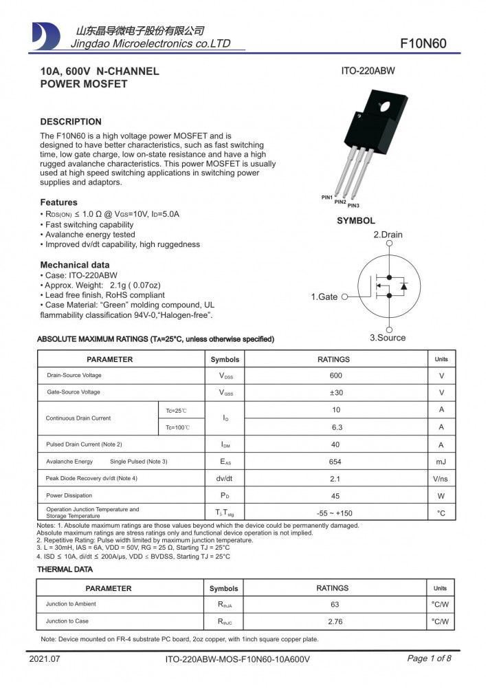 F10N60 datasheet page 1