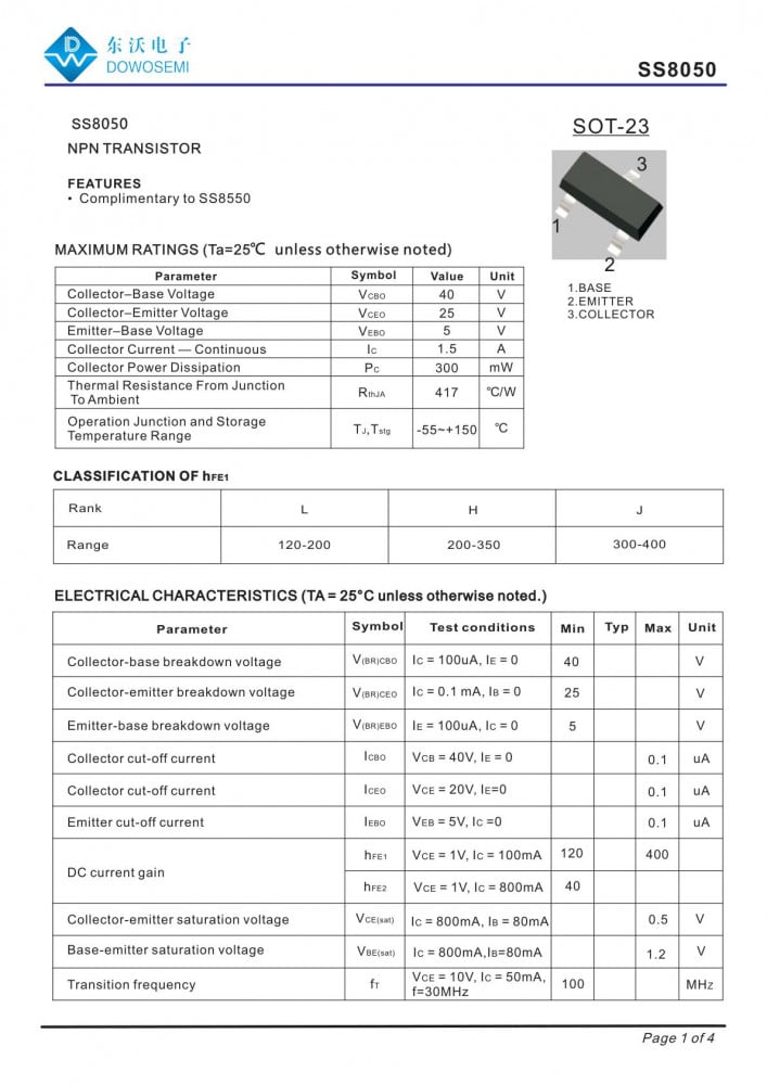 SS8050 datasheet page 1