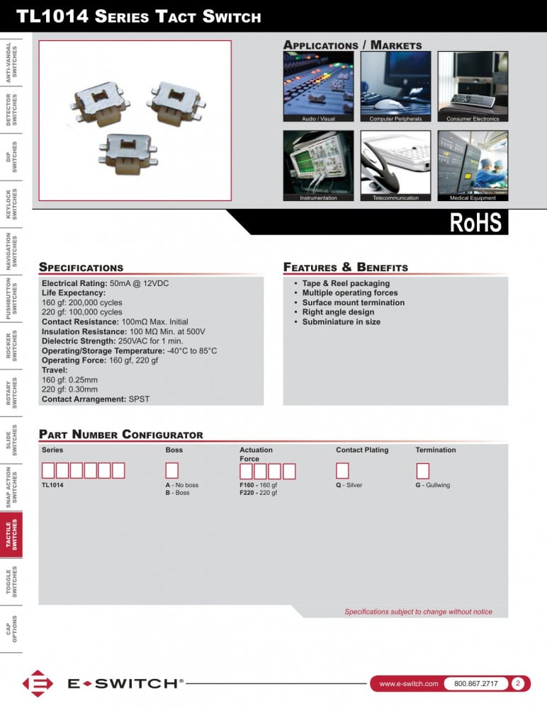 E-Switch TL1014 series datasheet page 1