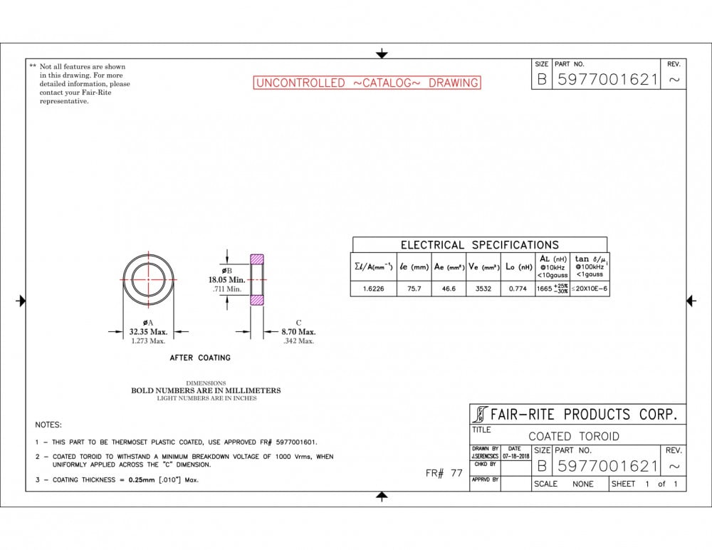Fair-Rite 5977001621 technical document preview