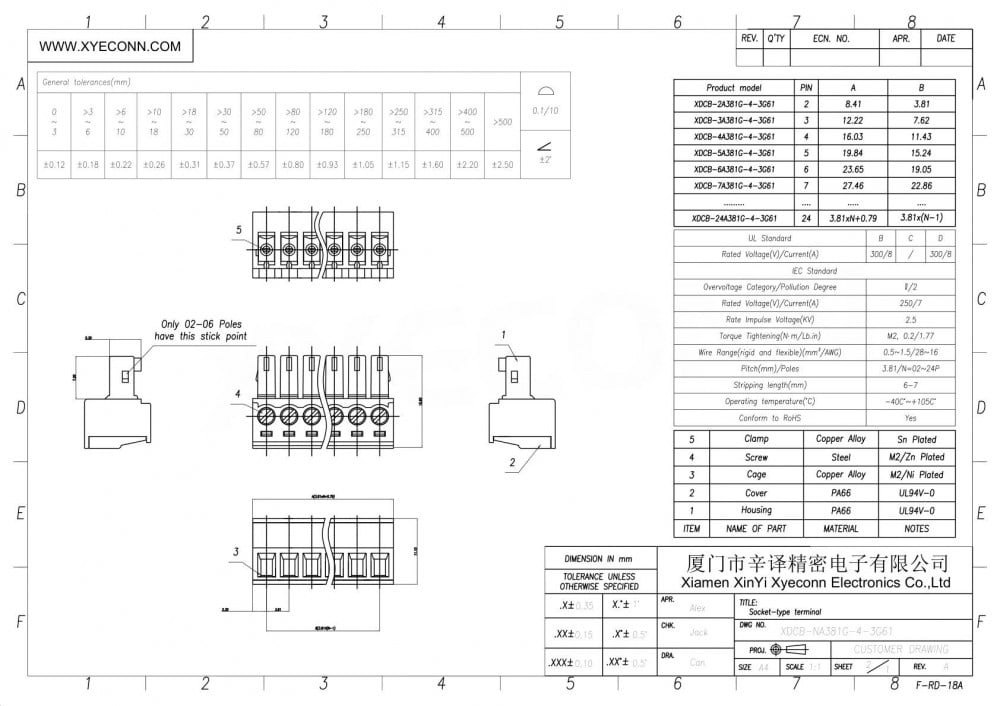 XYECONN XDCB-5A381G-4-3G61 technical drawing