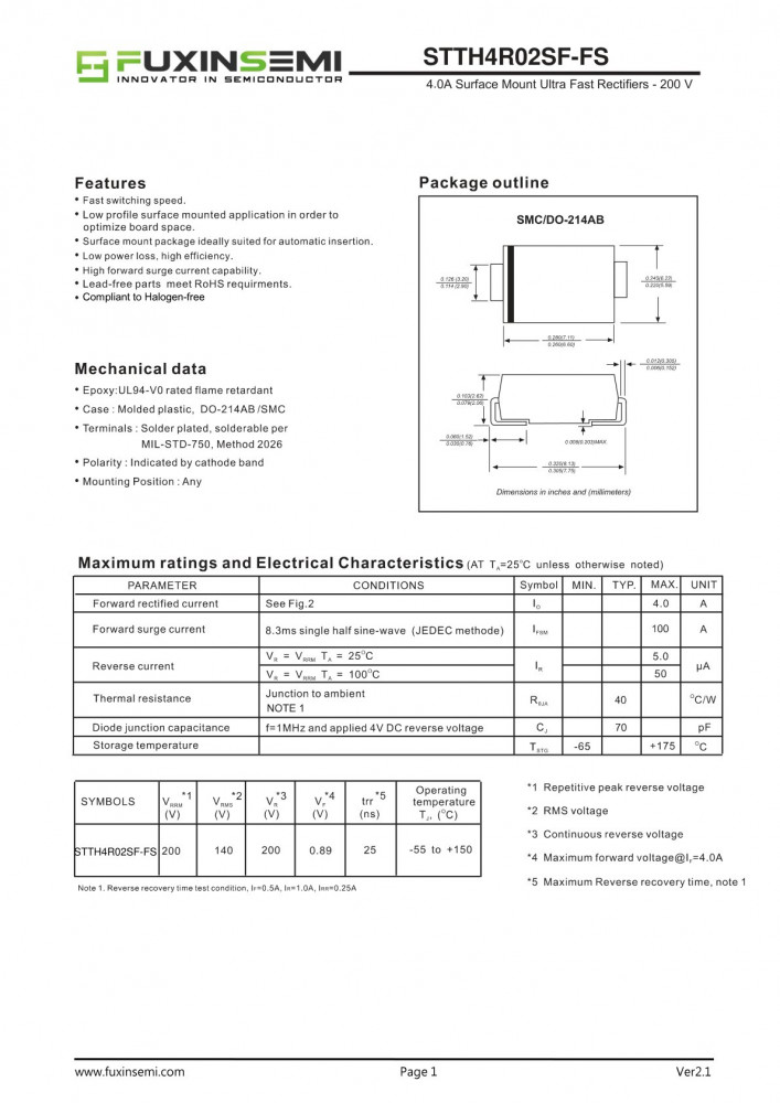 STTH4R02SF-FS datasheet page 1