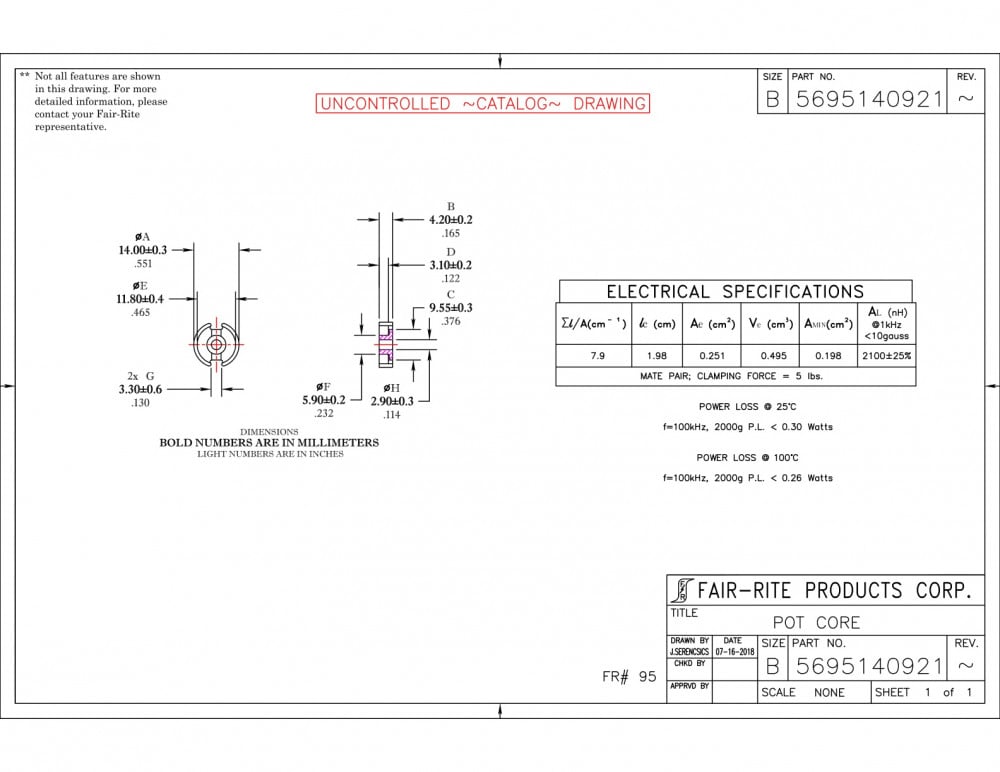 Fair-Rite 5695140921 pot core technical drawing