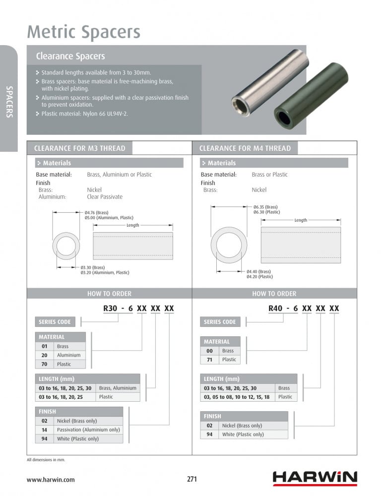 Harwin metric spacer technical document page