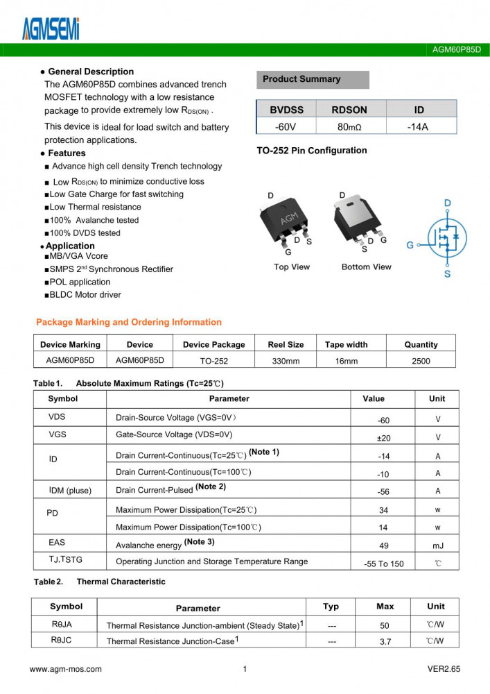 AGM60P85D datasheet page 1