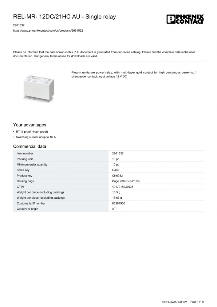 Phoenix Contact 2961532 technical document page 1