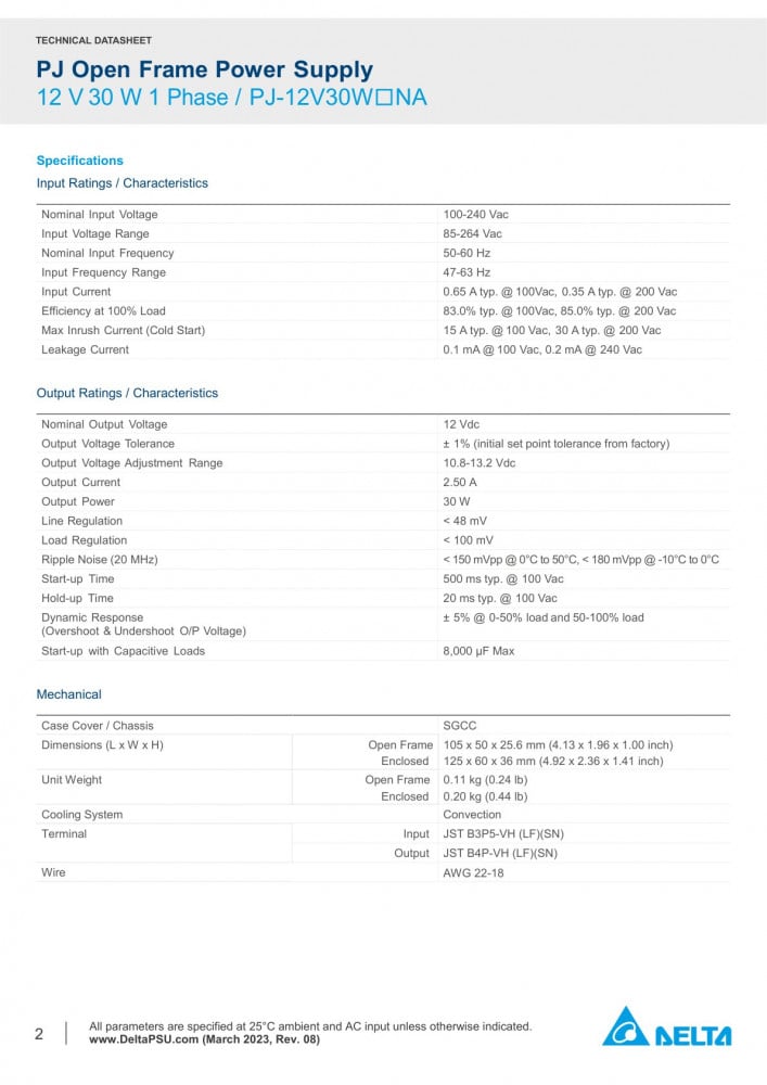 DELTA PJ-12V30WLNA datasheet page 2