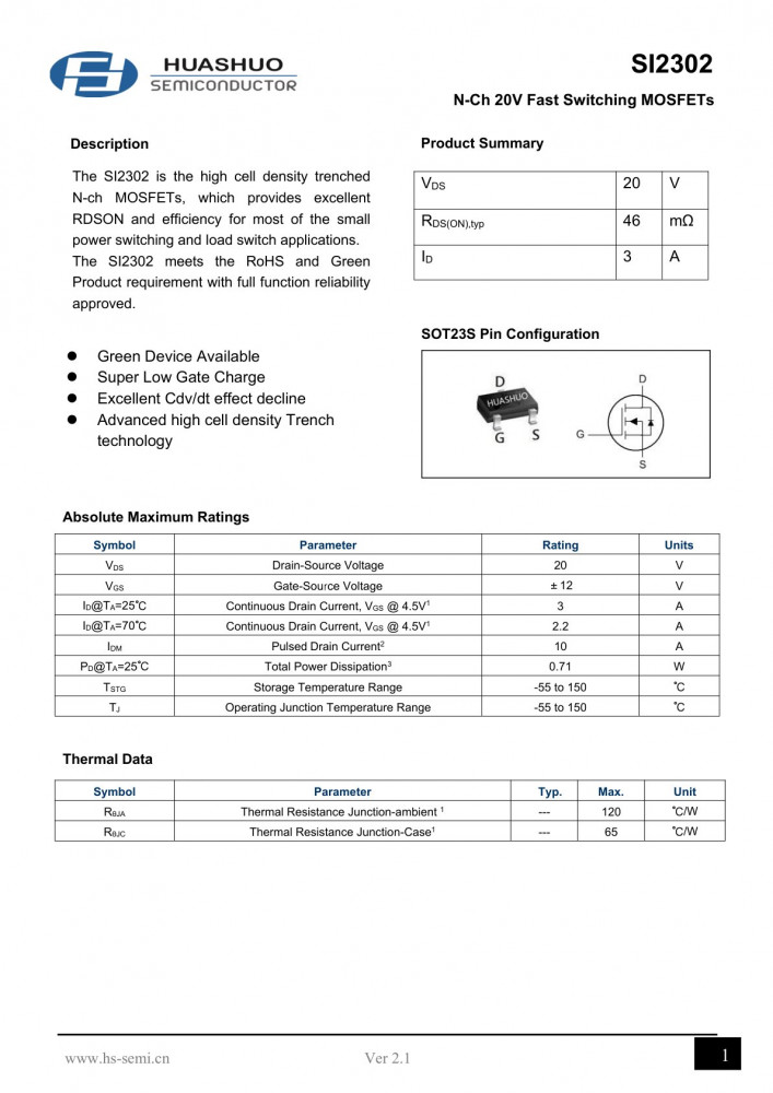 SI2302 datasheet page 1
