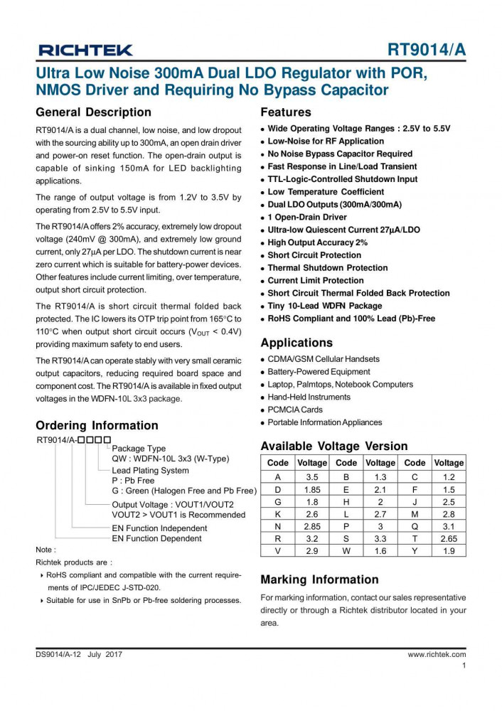 RT9014 datasheet page 1