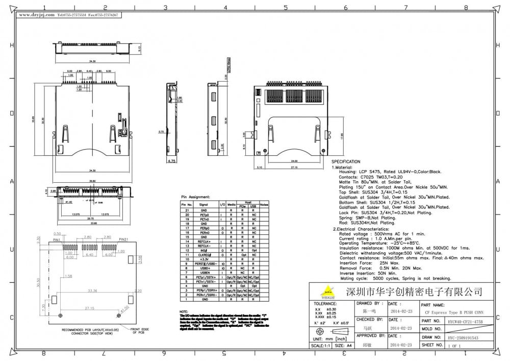 HOAUC HYCW40-CF21-475B CFexpress Type B push connector drawing