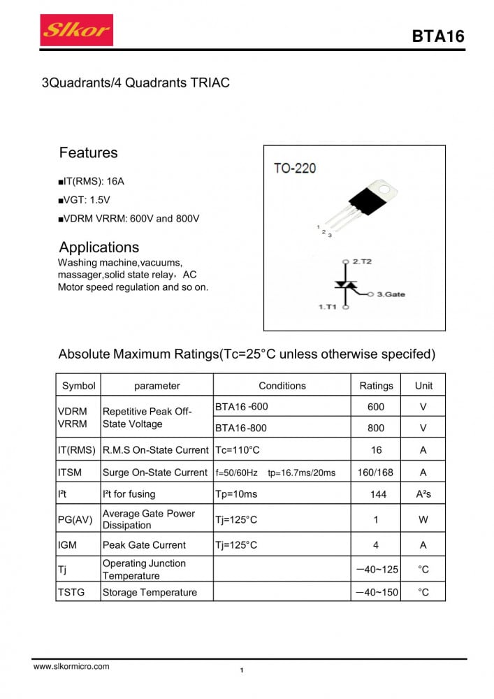 BTA16-800B datasheet page 1