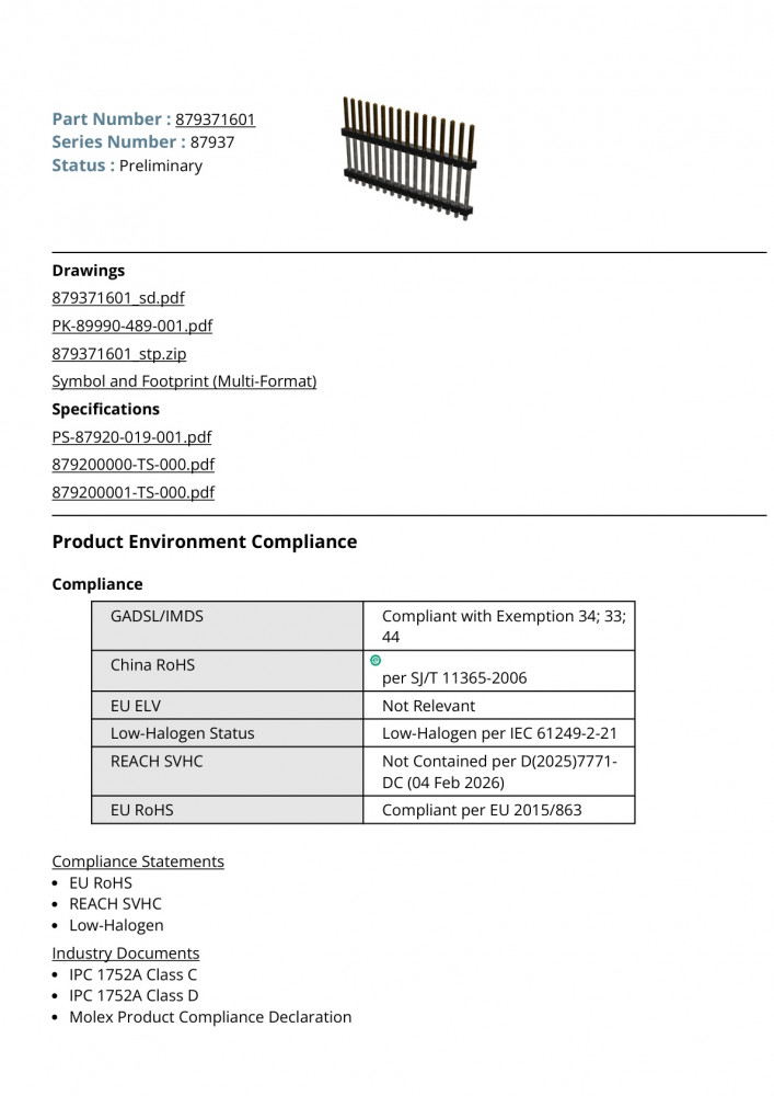 MOLEX 879371601 technical document preview 1