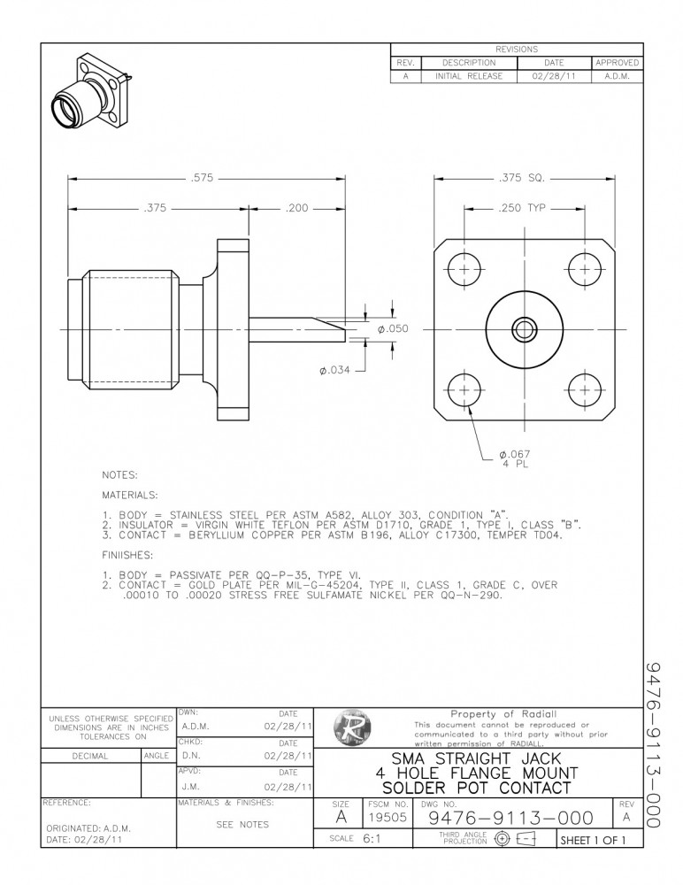 Radiall drawing reference for model 9476-9113-000