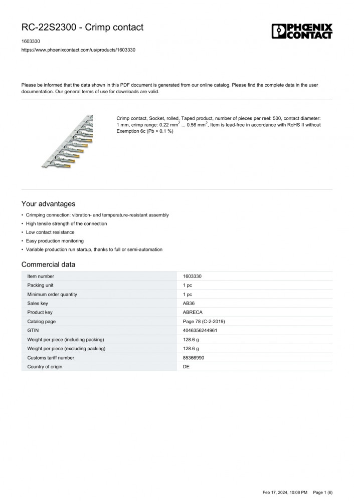 Phoenix Contact 1603330 technical document page 1