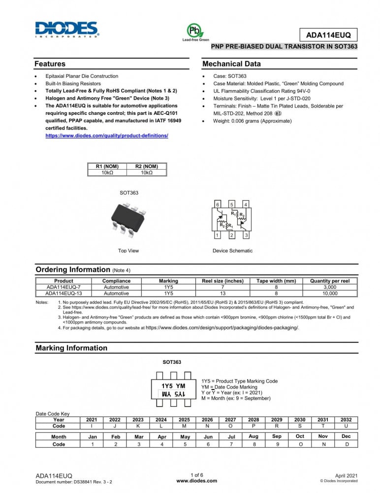 ADA114EUQ-13 datasheet page 1