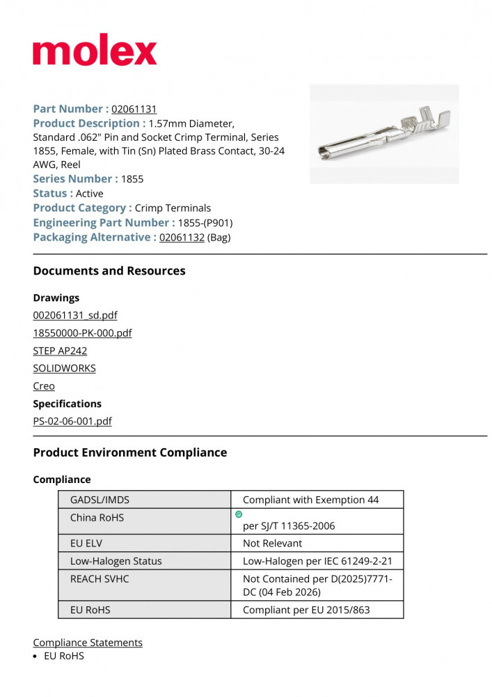 MOLEX 02061131 document preview, page 1