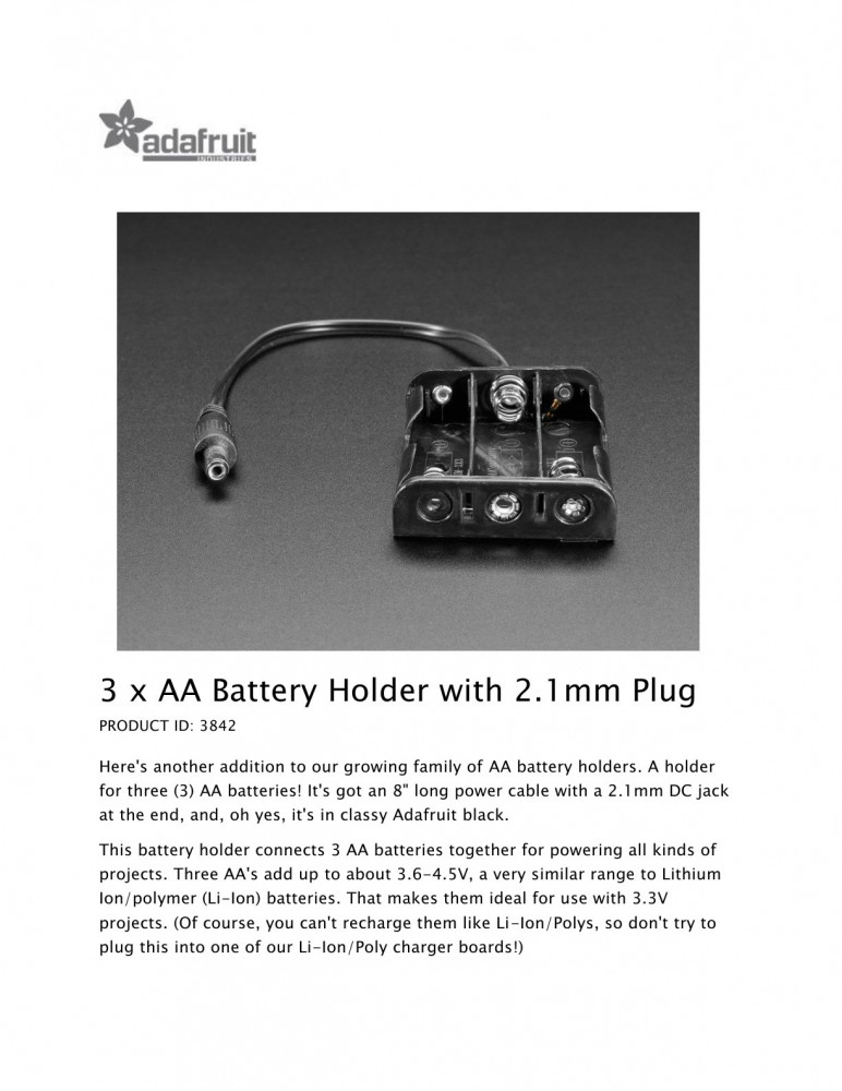 Adafruit 3842 three AA battery holder