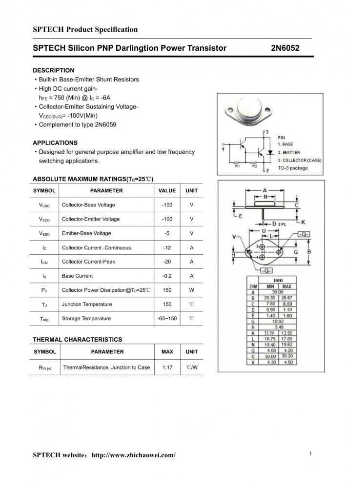 SPTECH 2N6052 datasheet page 1