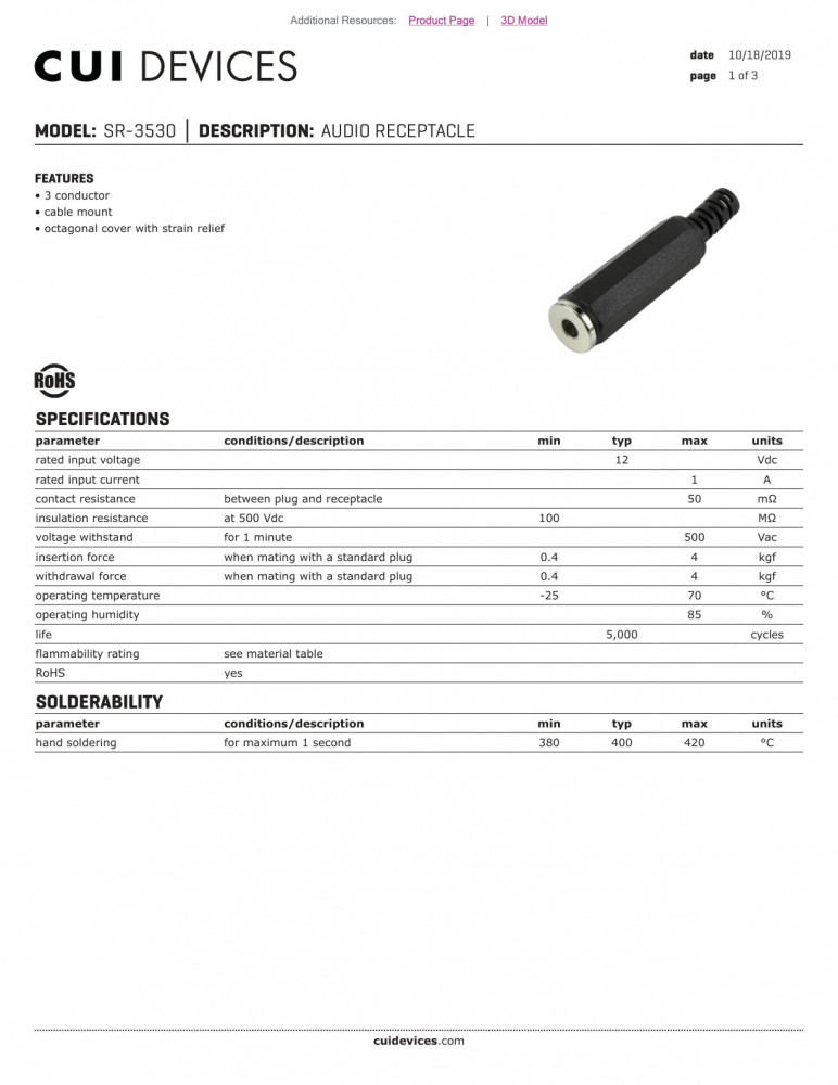 CUI SR-3530 datasheet page 1