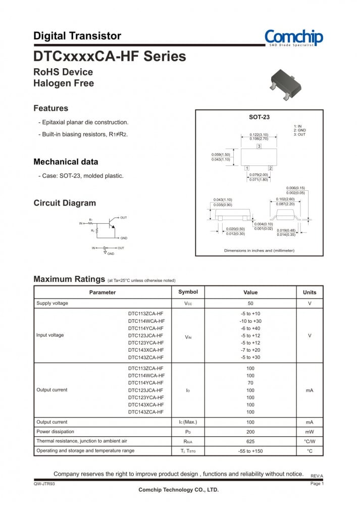 DTC114WCA-HF datasheet page 1
