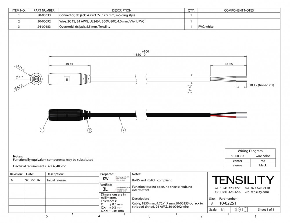 Tensility International 10-02251 DC jack cable assembly drawing