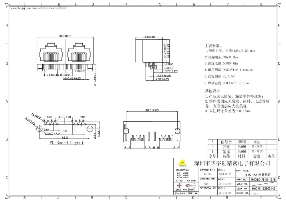 HOAUC HYCW80-RJ45-151B technical drawing page 1