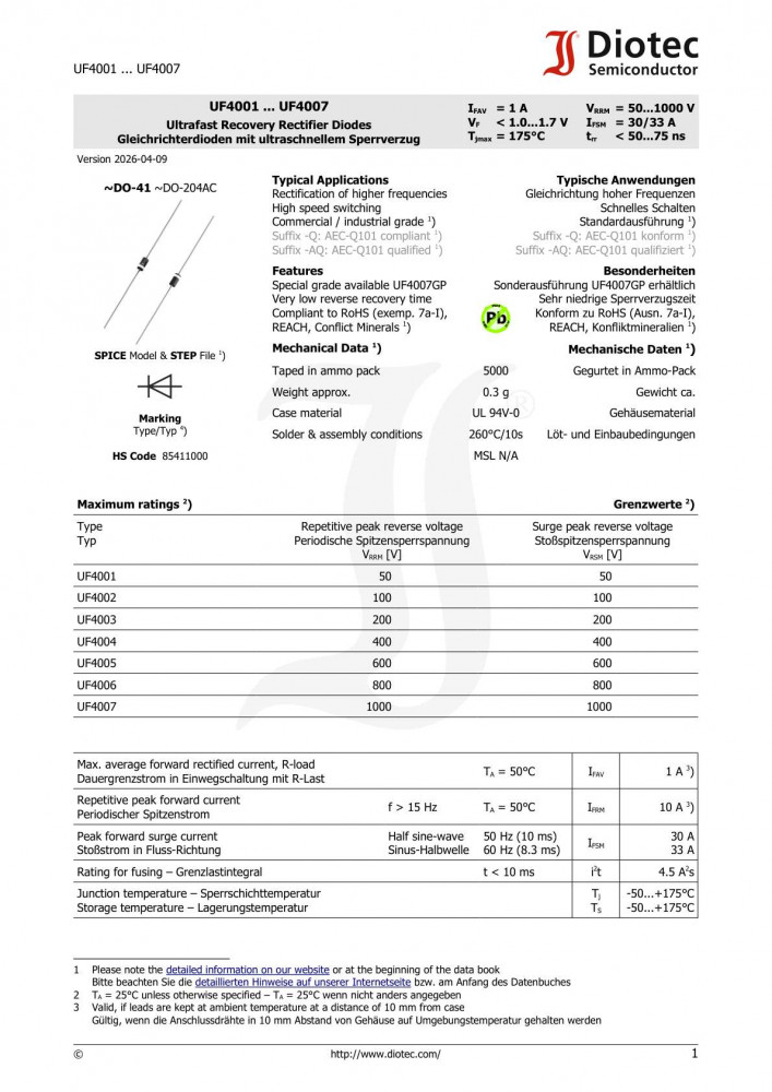 UF4001–UF4007 technical document page 1