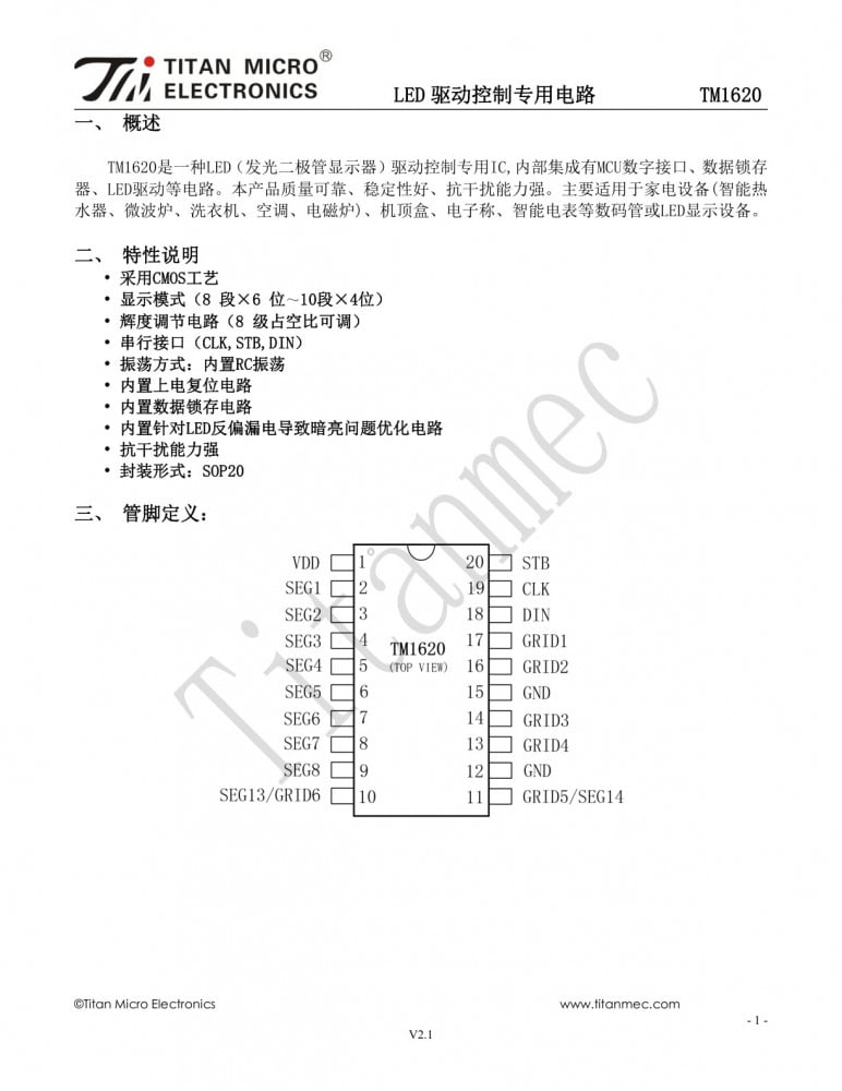 TM1620 datasheet page 1