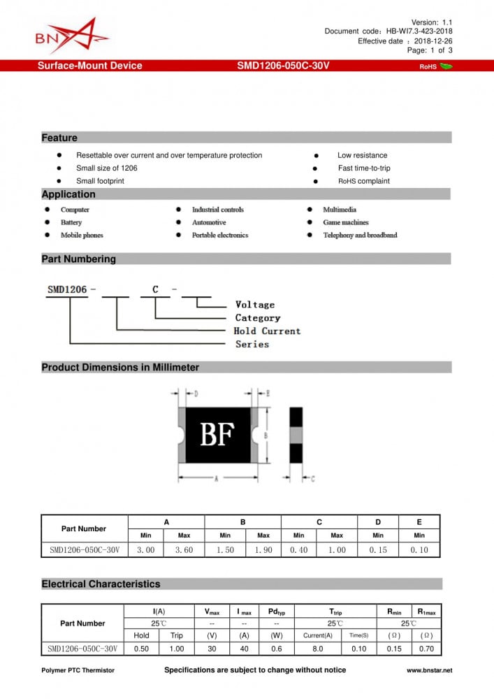 BNstar SMD1206-050C-30V datasheet page 1