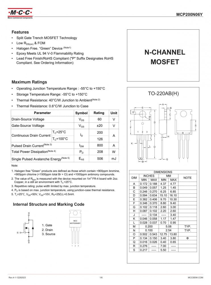 MCP200N06Y-BP datasheet page 1