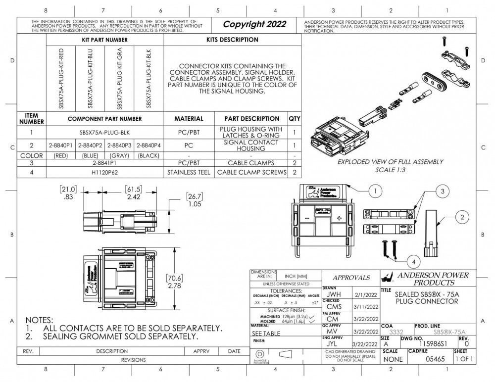 Anderson Power SBSX75A plug kit assembly drawing