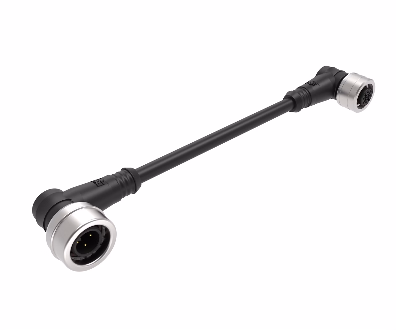 M12 Signal, A-Coded, M12 Push-Pull Ultra-Lock Double-Ended Cordset, 4 Poles, Female (90°) to Male (Straight), 0.34mm² (22 AWG), Black PUR/PVC Cable, 1.0m (3.28') Length