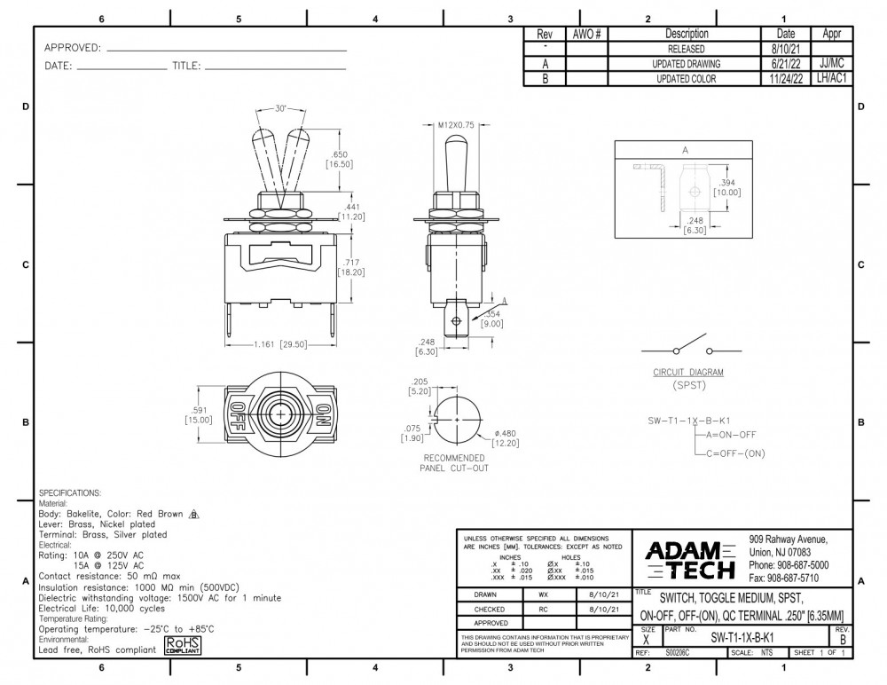 ADAM TECH SW-T1-1X-B-K1 manufacturer drawing preview