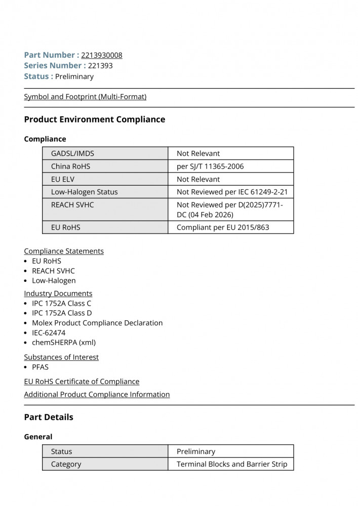 MOLEX 2213930008 product document page 1