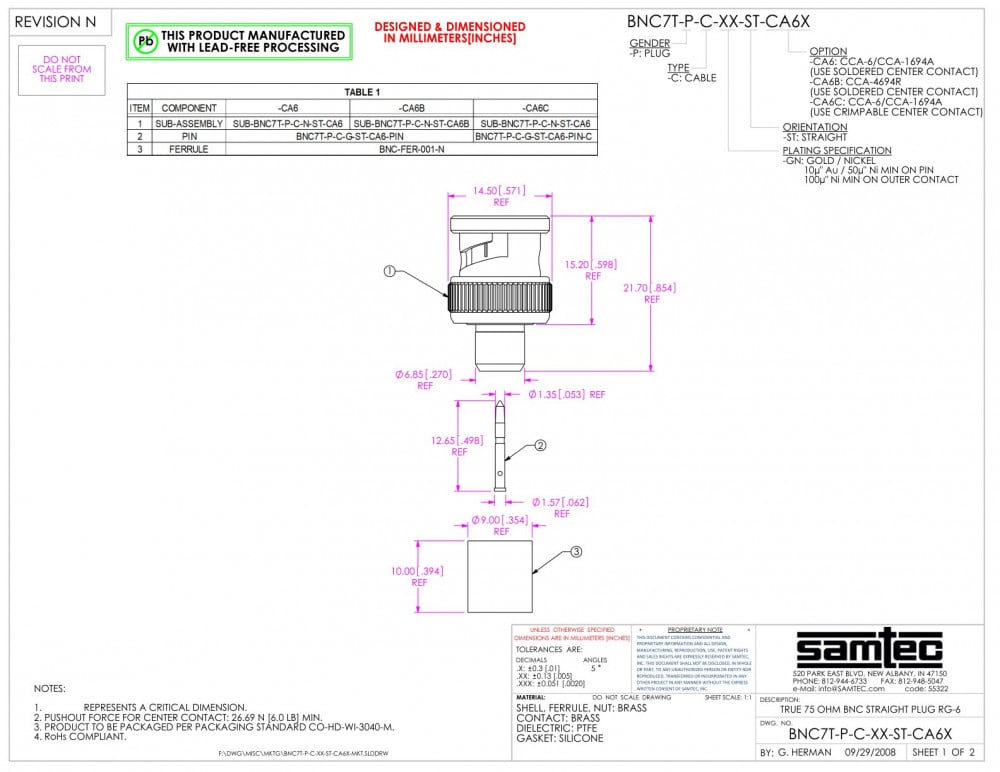 Samtec BNC7T-P-C-GN-ST-CA6 technical drawing page 1
