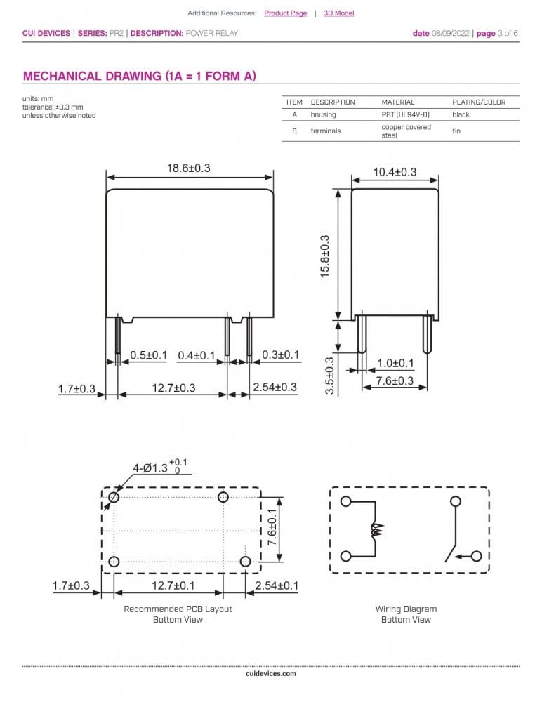 CUI PR2 relay datasheet page 3