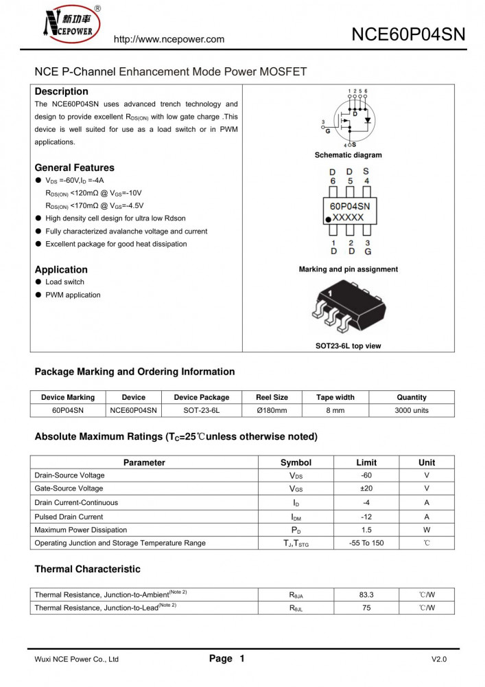 NCE60P04SN datasheet page 1