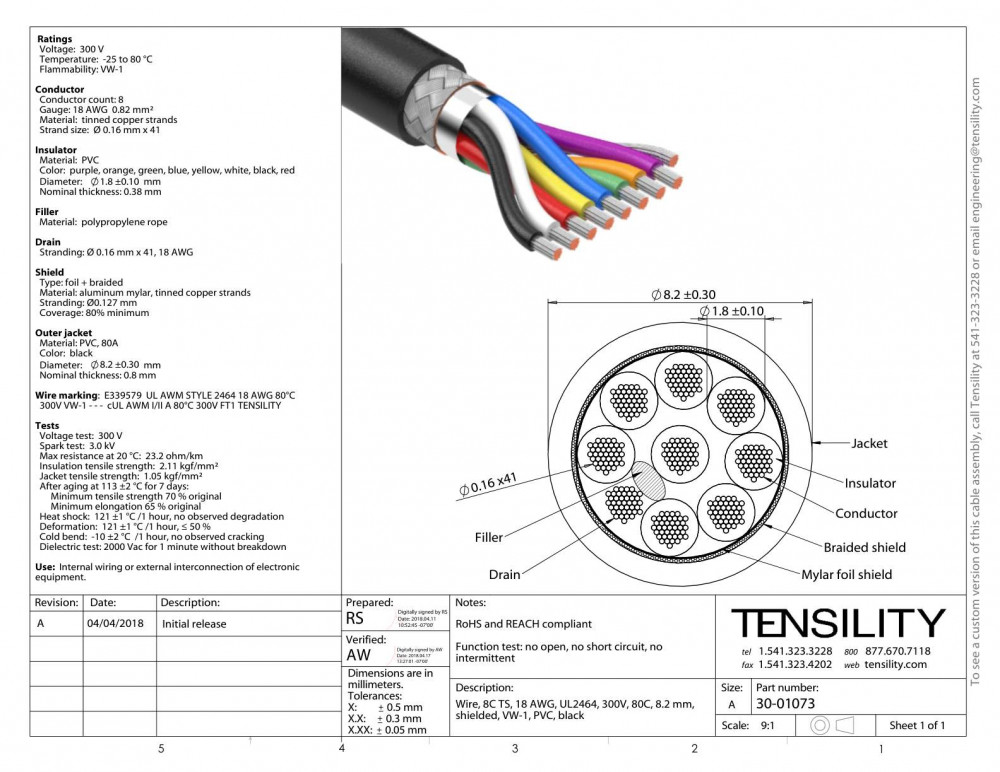 Product drawing for Tensility International cable part 30-01073
