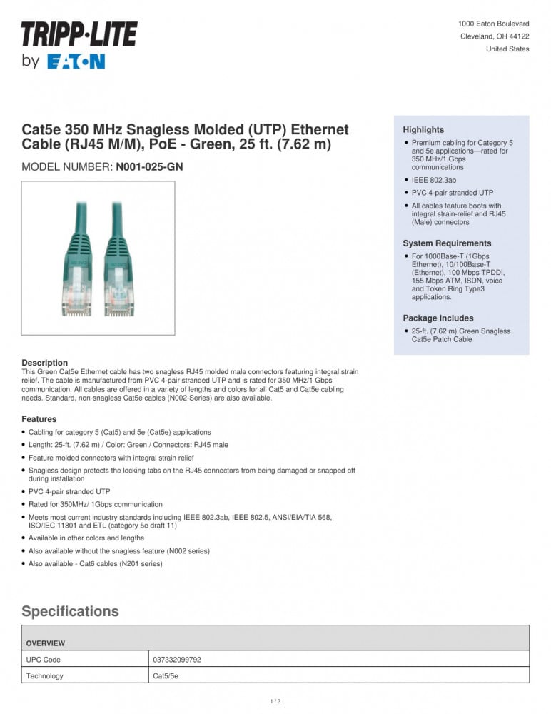EATON N001-025-GN technical document page 1