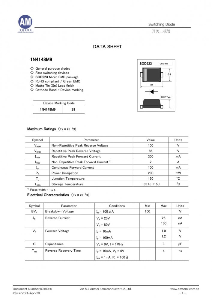 1N4148M9 datasheet page 1