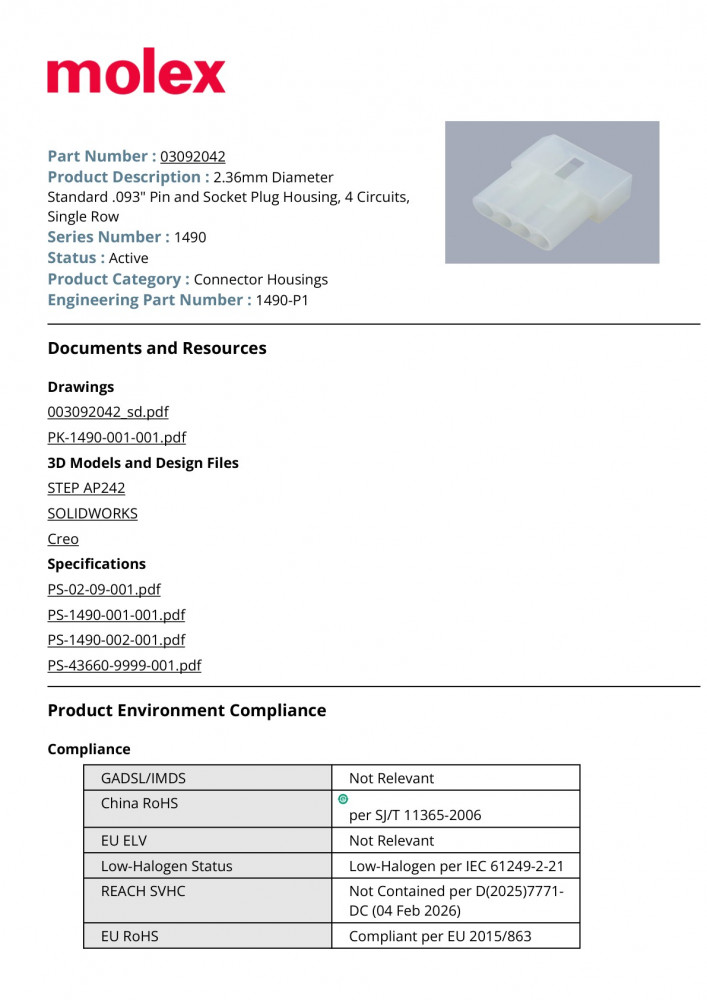 Molex .093 standard pin terminal document page 1