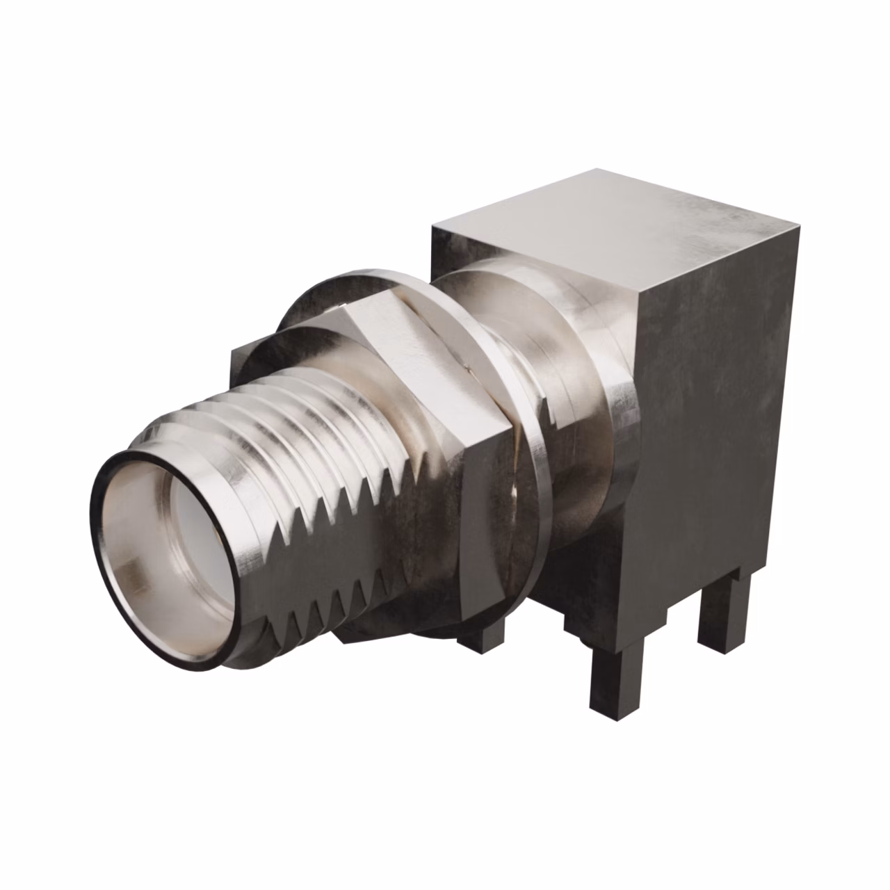 SMA Jack, Right-Angle, Bulkhead Receptacle, PCB, Through Hole, Brass Body, Nickel (Ni) Plated, Jam Nut and Lockwasher Included, 2.79mm Leg Length, 50 Pieces Per Tray, 50 Ohms for sale