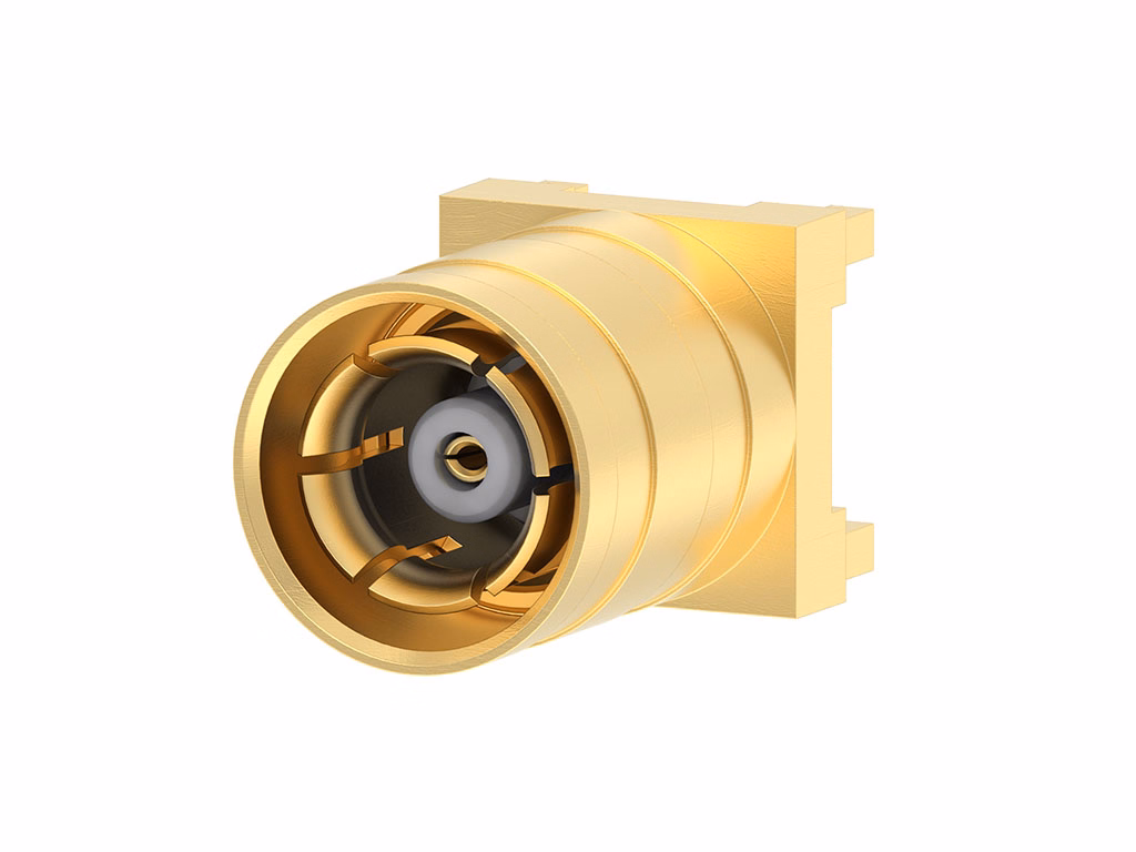 FAKRA Jack, Right-Angle, PCB Receptacle, Through Hole, Die Cast Body, Tin (Sn) Plated, Keying Code F, Brown, 50 Ohms