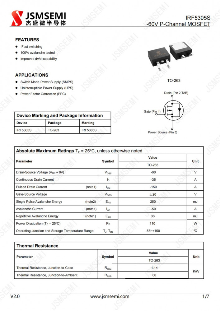 IRF5305S-JSM datasheet page 1