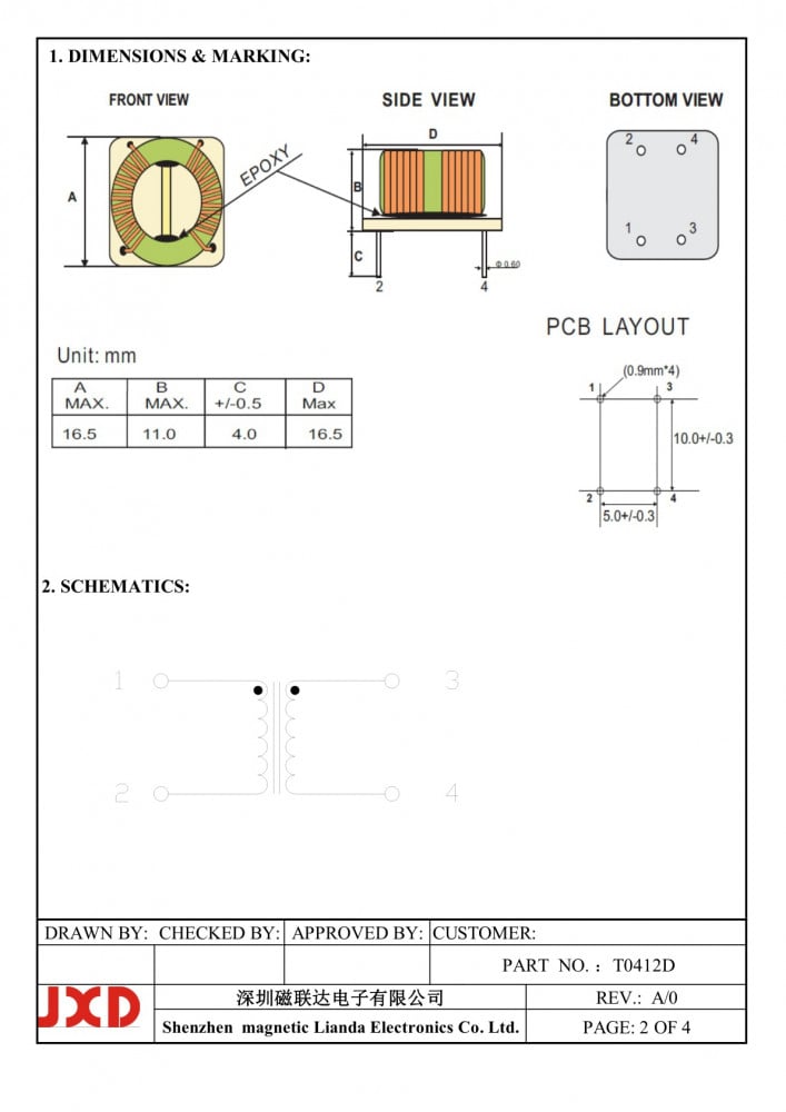 T0412D dimensions and schematic page