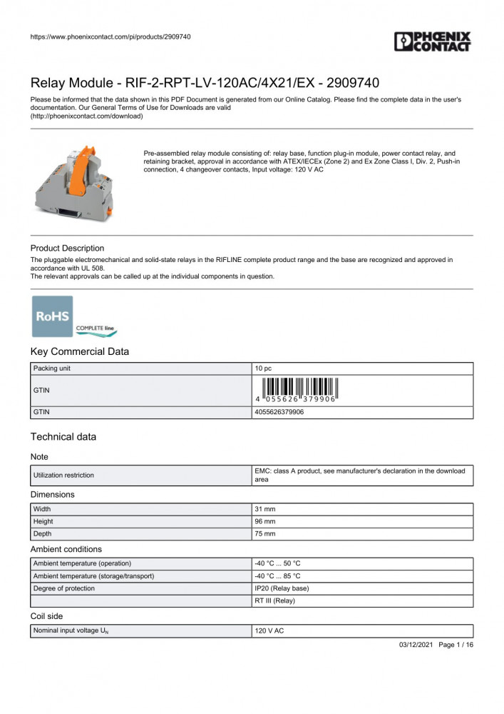 Phoenix Contact 2909740 technical document page 1