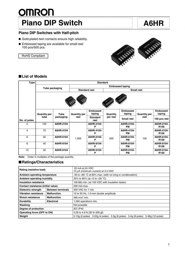 OMRON A6HR half-pitch DIP switch technical document page 1