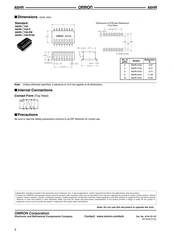 OMRON A6HR half-pitch DIP switch technical document page 2